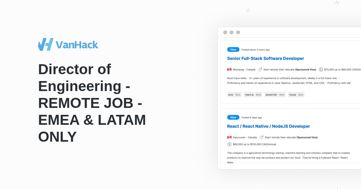 Director of Engineering - REMOTE JOB - EMEA & LATAM ONLY - VanHack